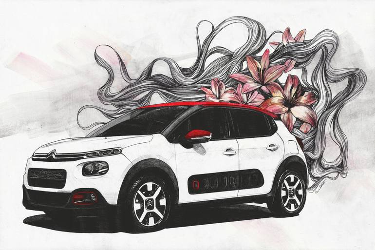 Cars: Citroen C3 with pink lilies Drawing by Marco Paludet | Saatchi Art
