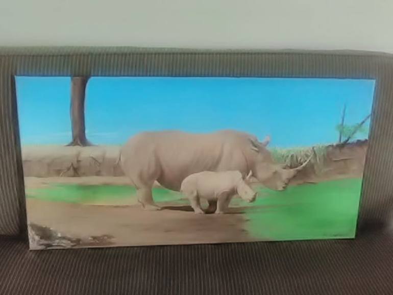 White Rhinoceros and Calf Painting by Rudy Lombard | Saatchi Art