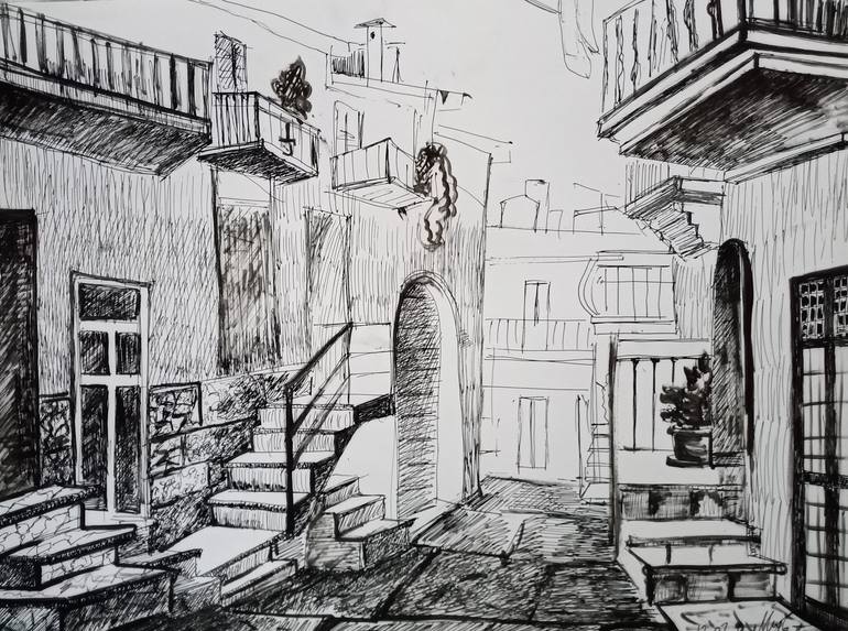 In the city of Ostuni. Apulia. Drawing by MARIA MEDVEDEVA | Saatchi Art