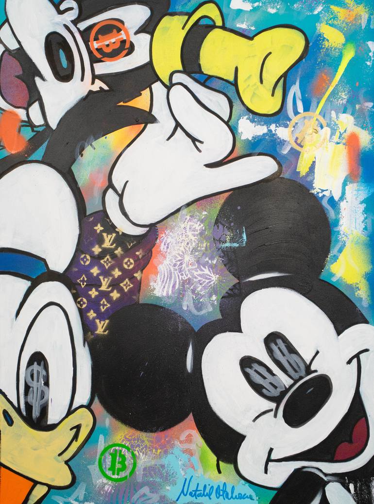 Mickey Mouse and the Bitcoin gang Painting by Natalie Otalora | Saatchi Art