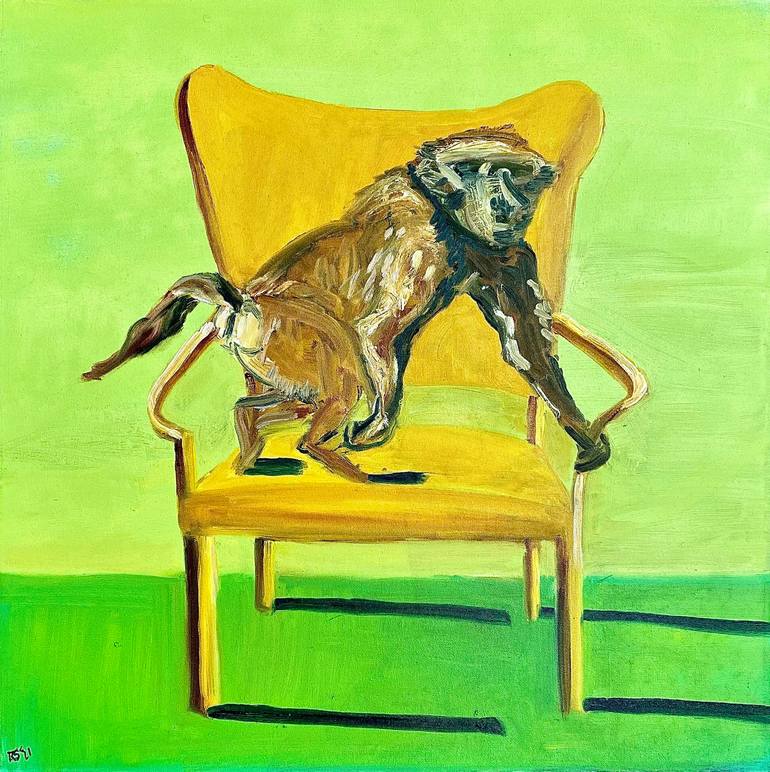 Monkey on Yellow Chair Painting by Ron Silver | Saatchi Art