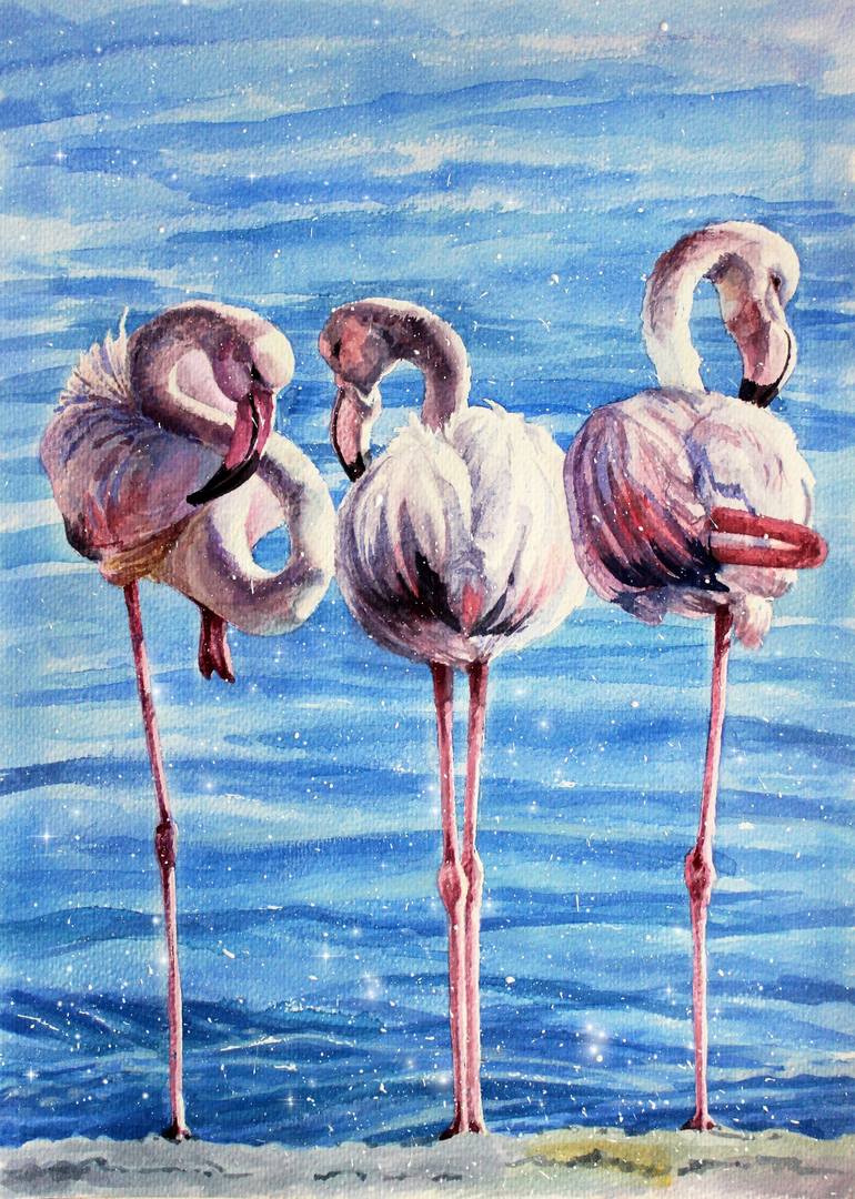Three flamingos at sea Painting by Marina Artamonov | Saatchi Art