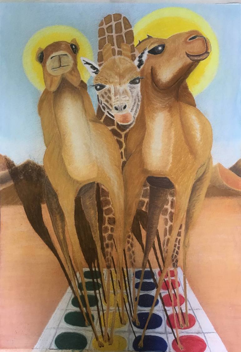 Two camels and a giraffe playing Twister Drawing by Jerry A Bigness Jr ...