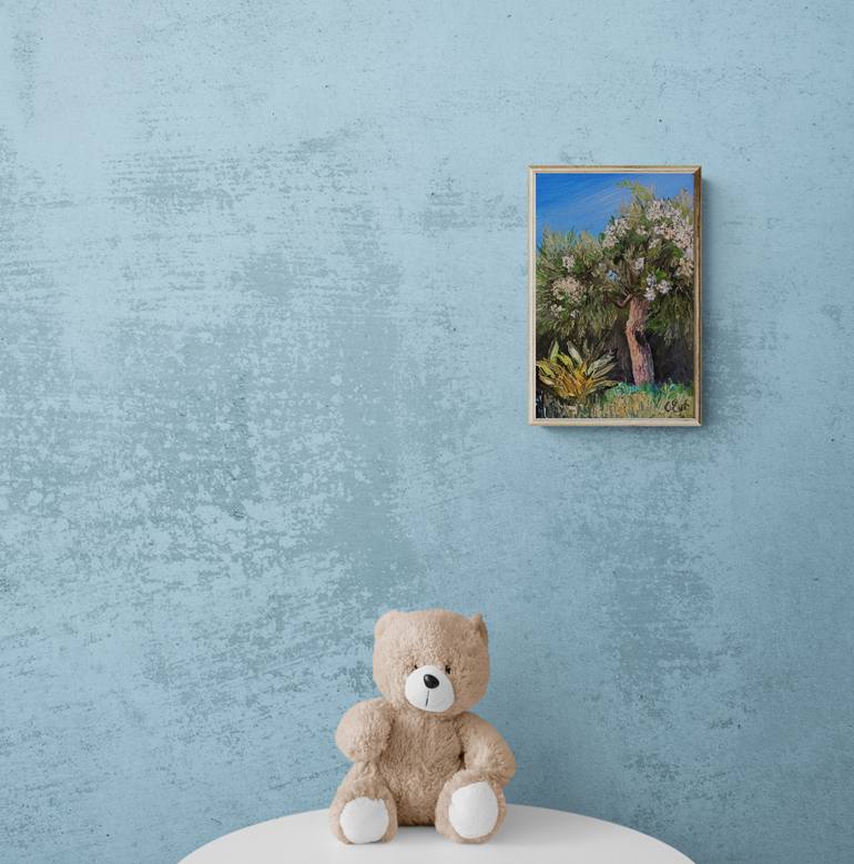 Olive in the arms of blooming bougainvillea. Plein-air. Landscape ...