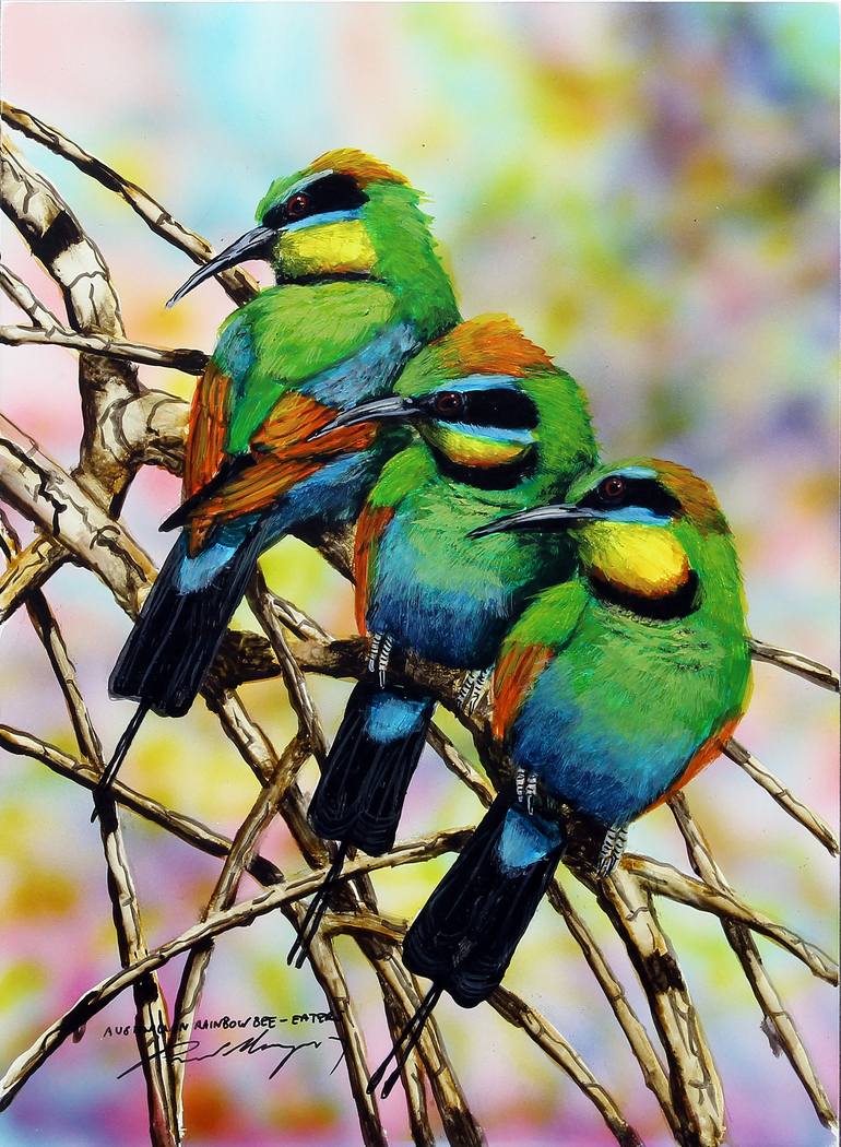 Rainbow Bee Eaters - Miniature Painting by Paul Margocsy | Saatchi Art