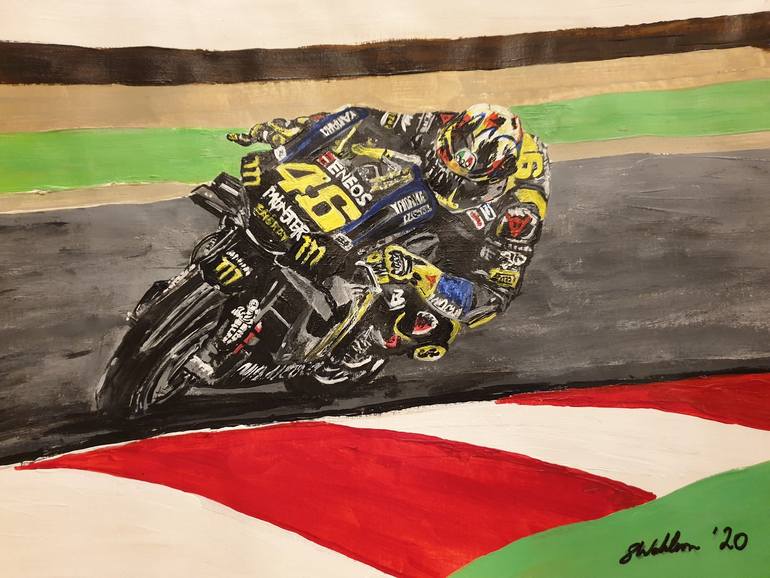Valentino Rossi on his Yamaha 2019 Painting by Gavin Waldron | Saatchi Art