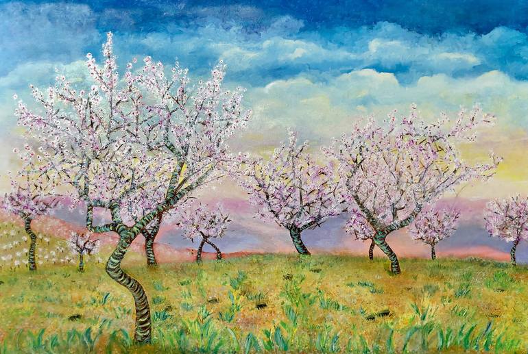 Almond trees in blossom Painting by Andreia Póvoa | Saatchi Art
