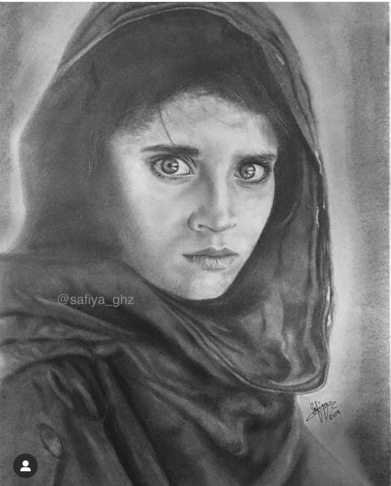 Sharbat Gula (Afghan Girl) Drawing by Safiya Ghulam | Saatchi Art