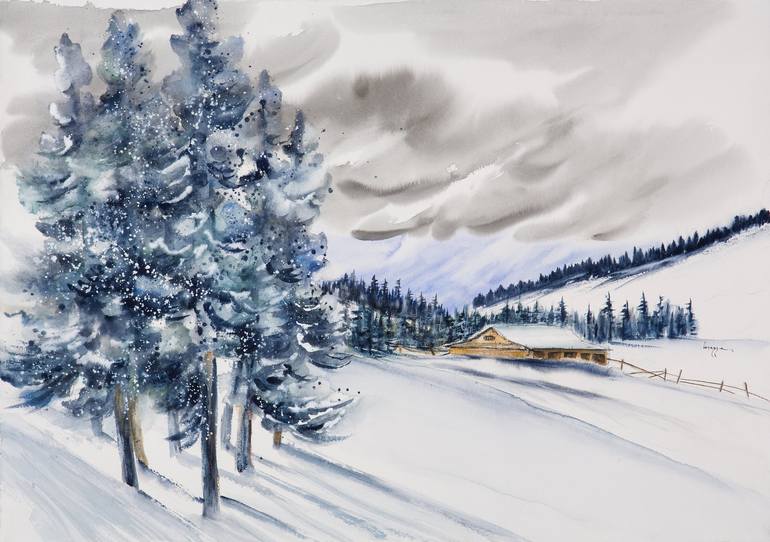 Pine Trees With Barn Painting by Letty Casazza | Saatchi Art