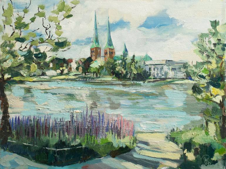 Muhlenteich lake, Lubeck Cathedral Painting by Olga KiMO | Saatchi Art