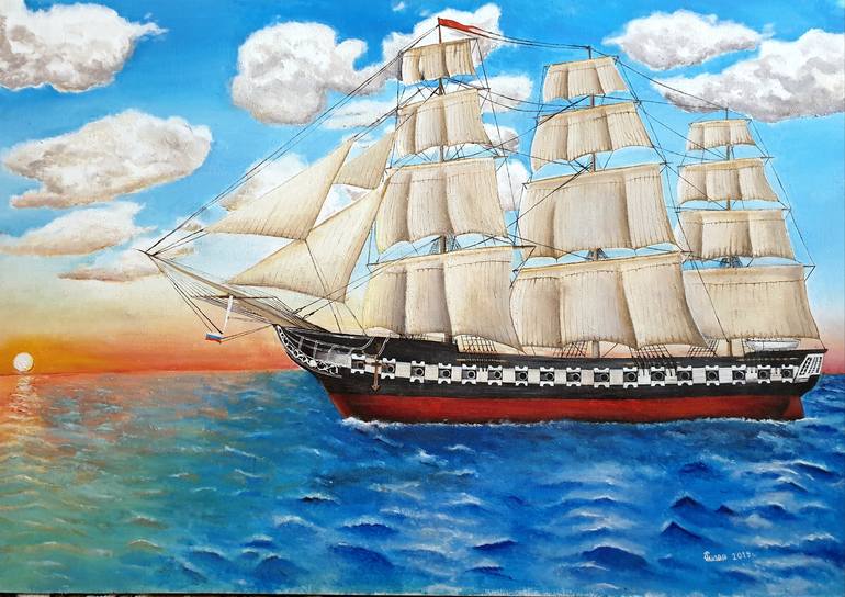 Frigate sunset at sea Painting by Kirill Sigorenko | Saatchi Art