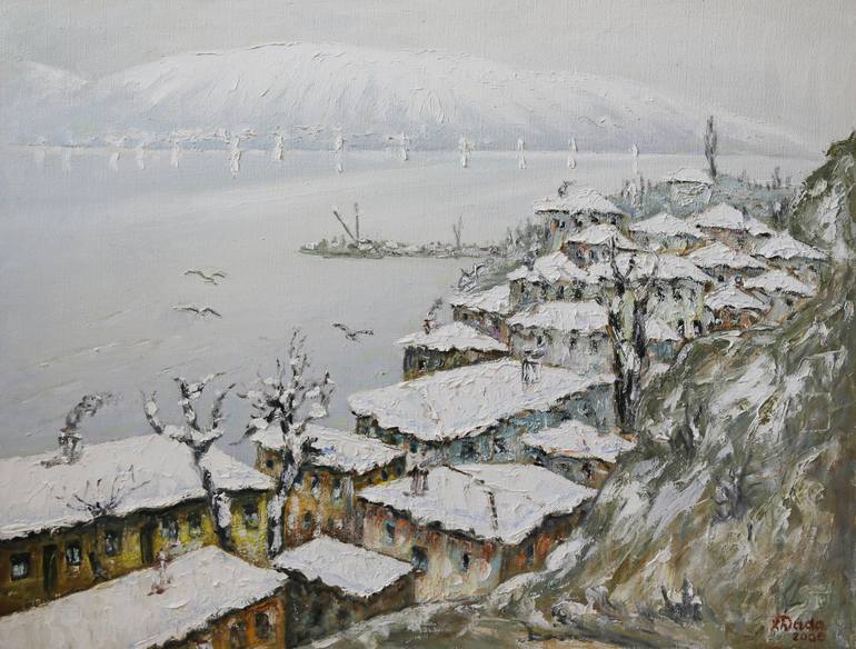 Landscape:Ohrid Lake in Snow Painting by Xhevdet Dada | Saatchi Art