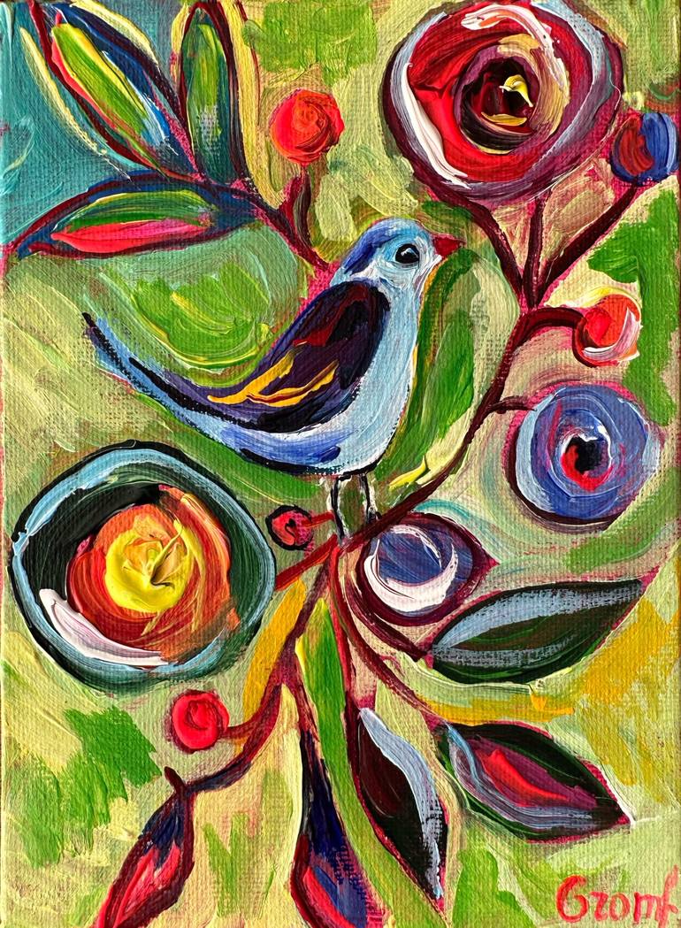 Multi-coloured flowers and bird Painting by Oksana Fedorova | Saatchi Art