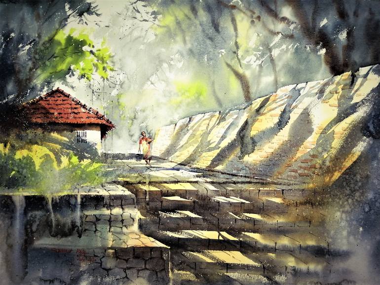 the shady stairs Painting by Subhajit Paul | Saatchi Art