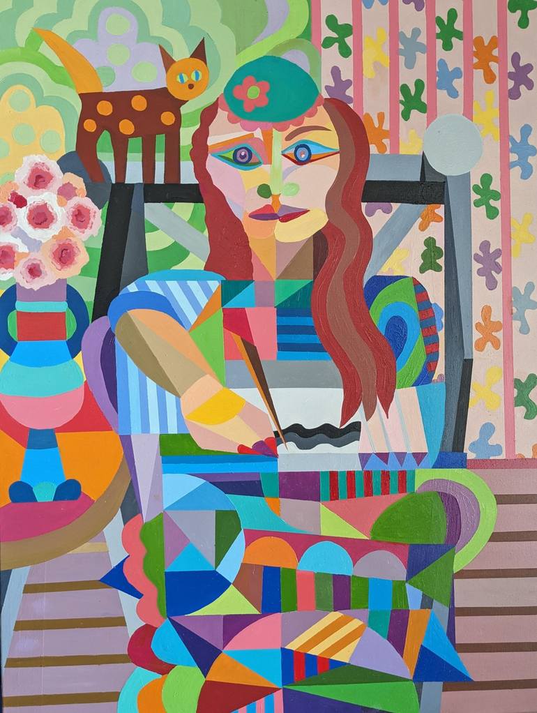 cubist writer with cat Painting by Mary Shackman | Saatchi Art