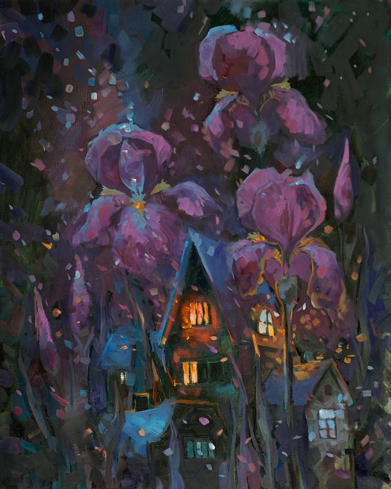 House In Irises. Original Oil Impressionism Painting. Fairy Art ...