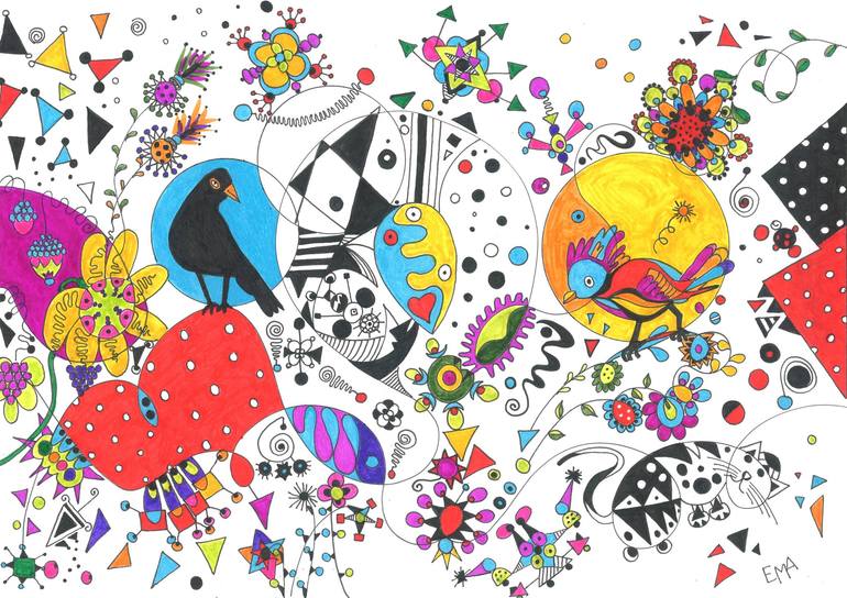 Birds Party Drawing by Ema Ribeiro | Saatchi Art
