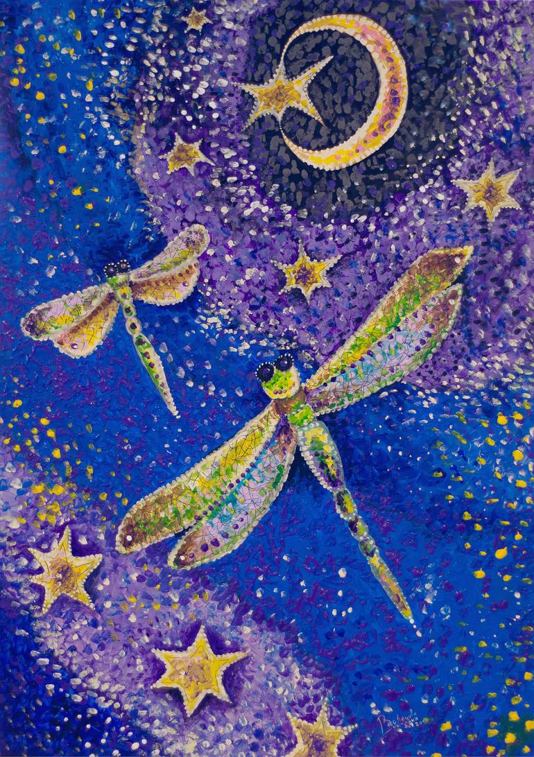 Dragonflies in the moonlight Painting by Victoria Vasnetsova | Saatchi Art