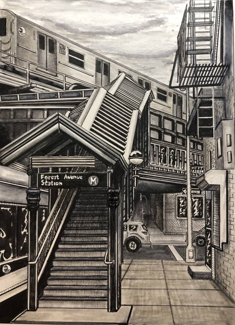 Forest Ave “EL” Drawing by Michael Kelsch | Saatchi Art