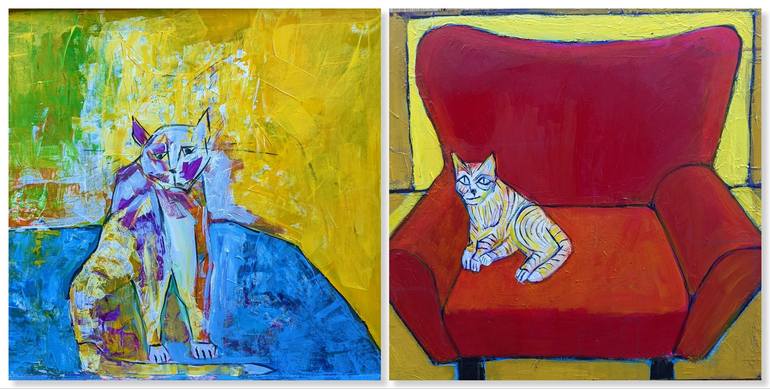 Cats on Blue Rug and Red Chair Painting by Ron Kammer | Saatchi Art
