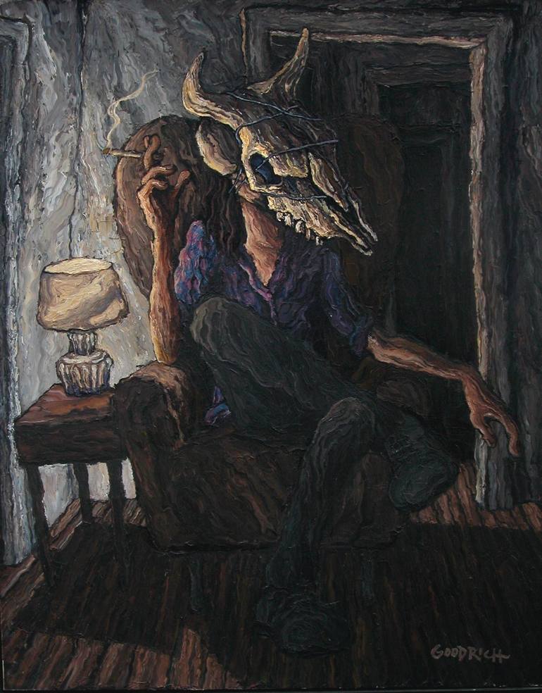 Self Portrait with Cow Skull Painting by David Goodrich | Saatchi Art