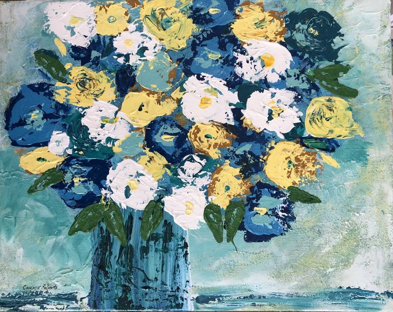 Blue Floral Abstract Painting by Connie Roberts | Saatchi Art
