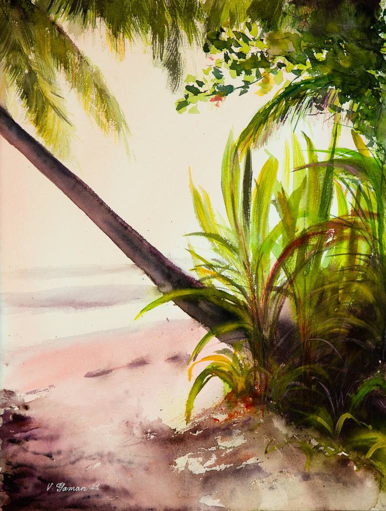 Sunrise in the Maldives. Sun and pink sand. Painting by Viktoria Gaman ...