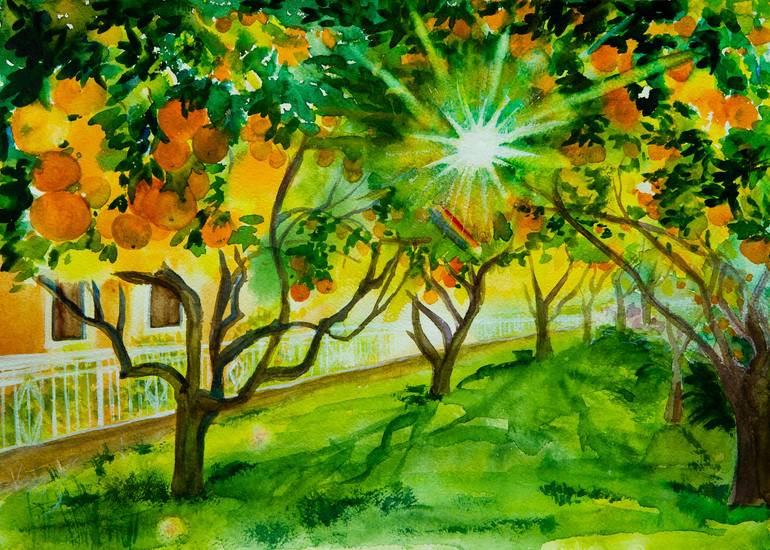 Orange garden in Italy. Sunny day. Painting by Viktoria Gaman | Saatchi Art