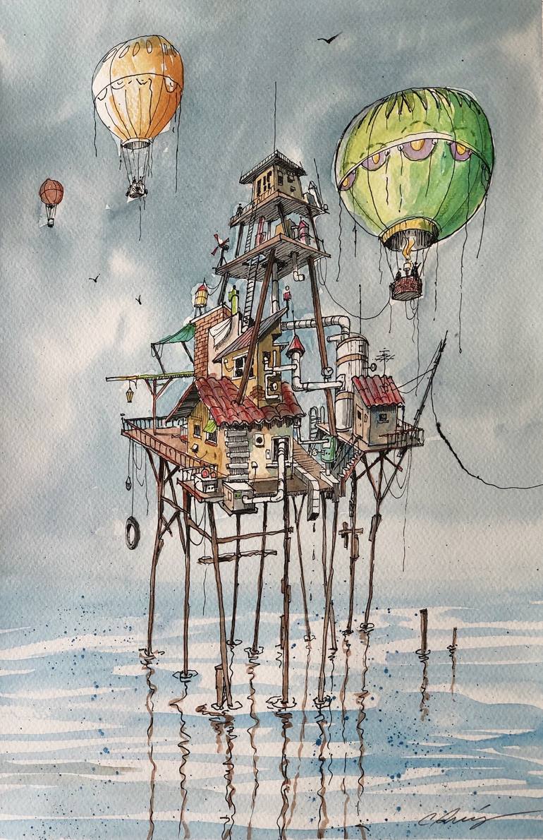 Village over Water Painting by Carlos Ruiz | Saatchi Art