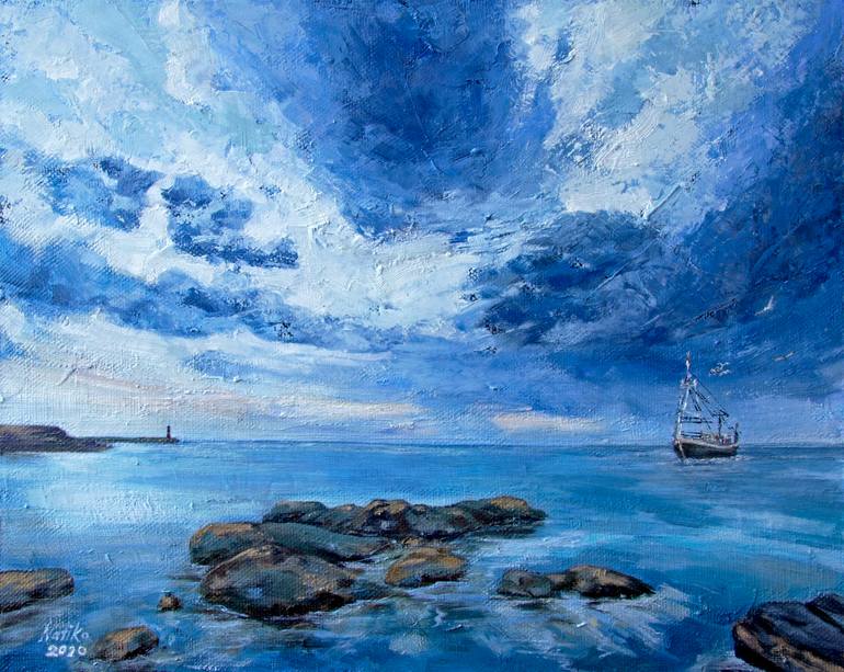 BLUE SEA, 40x50 oil painting, expressionism seascape, blue colors, boat ...