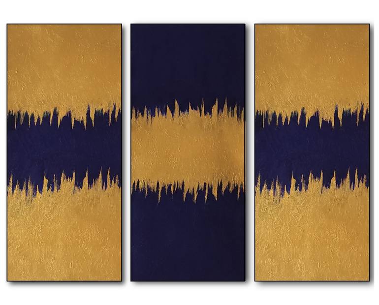 3 Panel Abstract - Gold and Navy Blue Painting by Akash Bhisikar ...