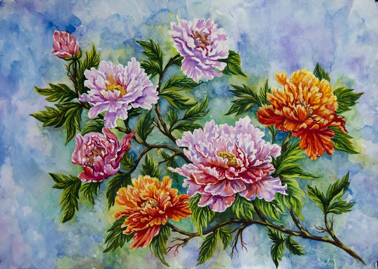 Branch with peony flowers Painting by Alexandra Larina | Saatchi Art