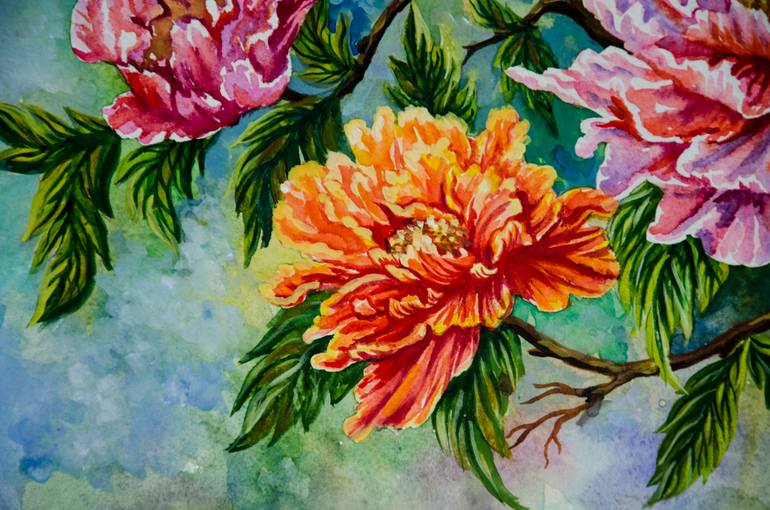 Branch with peony flowers Painting by Alexandra Larina | Saatchi Art
