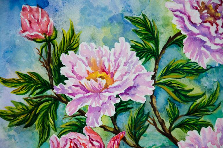 Branch with peony flowers Painting by Alexandra Larina | Saatchi Art