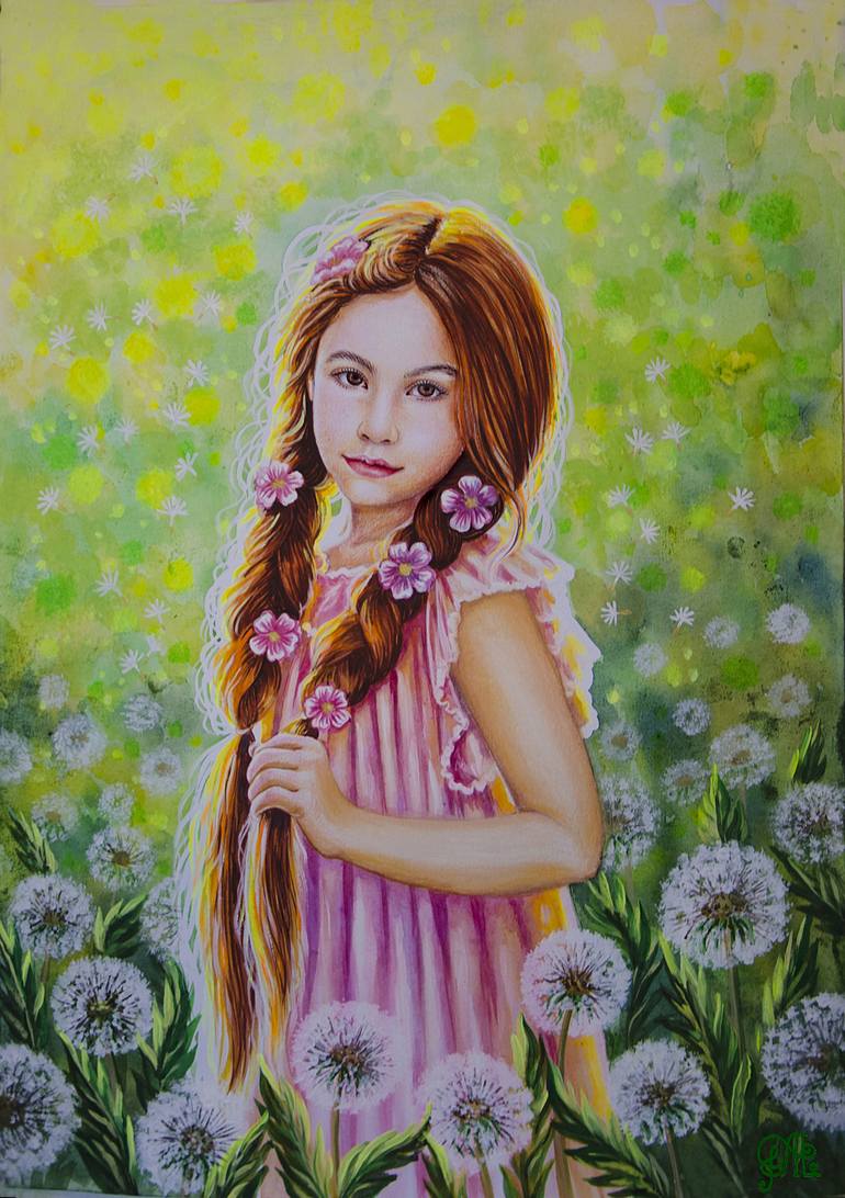 Redhead girl among dandelions Painting by Alexandra Larina | Saatchi Art