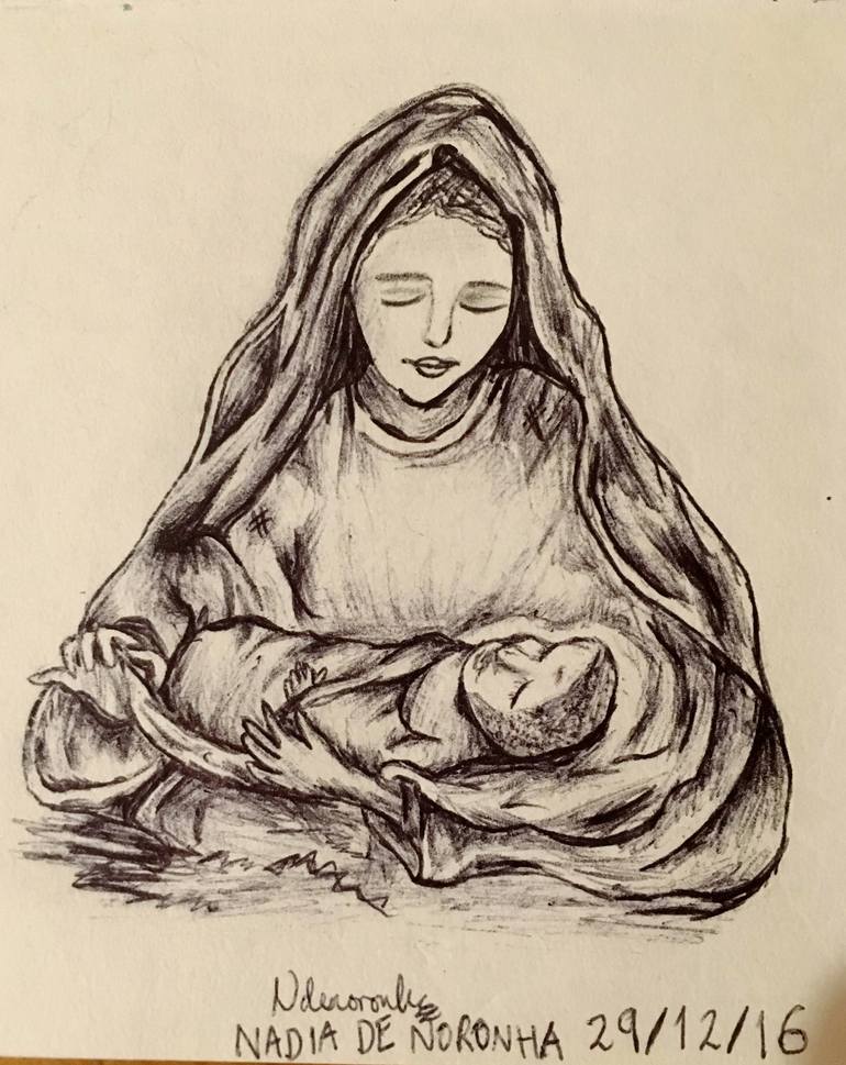 Mother Mary and Jesus Drawing by Nadia De Noronha | Saatchi Art