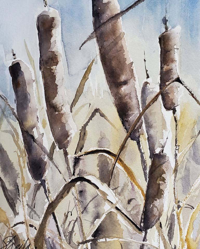 Rustic Bulrushes Painting by Sheila Romard | Saatchi Art