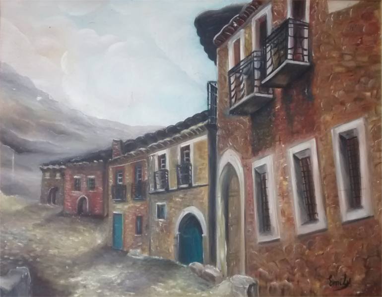 Pueblo maragato Painting by Emily Pineiro | Saatchi Art