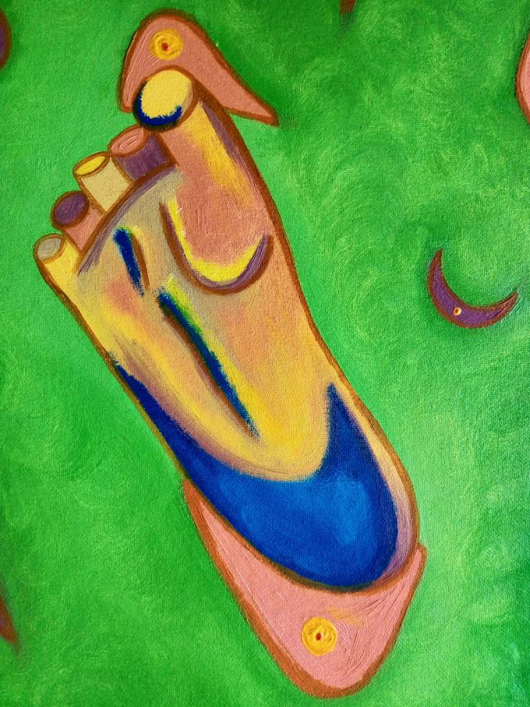 Original oil painting of a human foot on a green background Bright ...