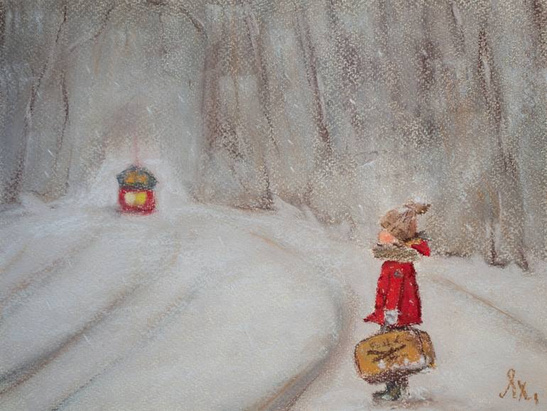 Digital Printing Original Pastel drawing Home alone Boy in red Winter ...