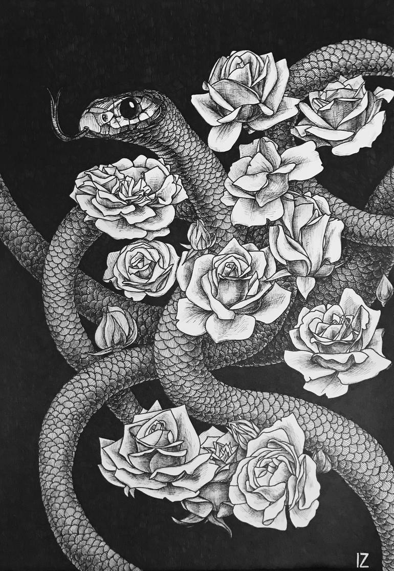 Snakes and roses Drawing by Irina Zharinova | Saatchi Art