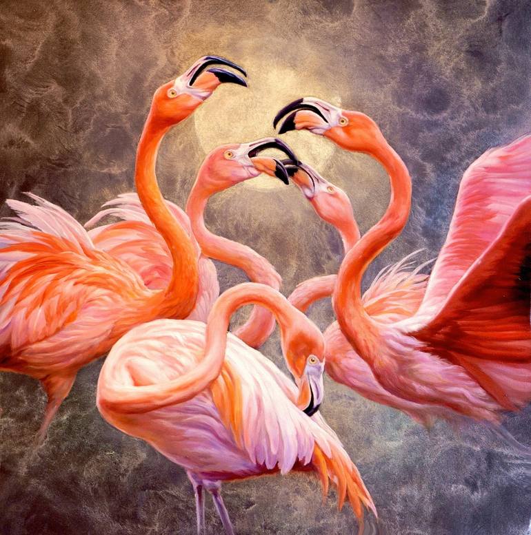 The Pink Flamingo Evening Talk Painting by Vadims Nilovs | Saatchi Art