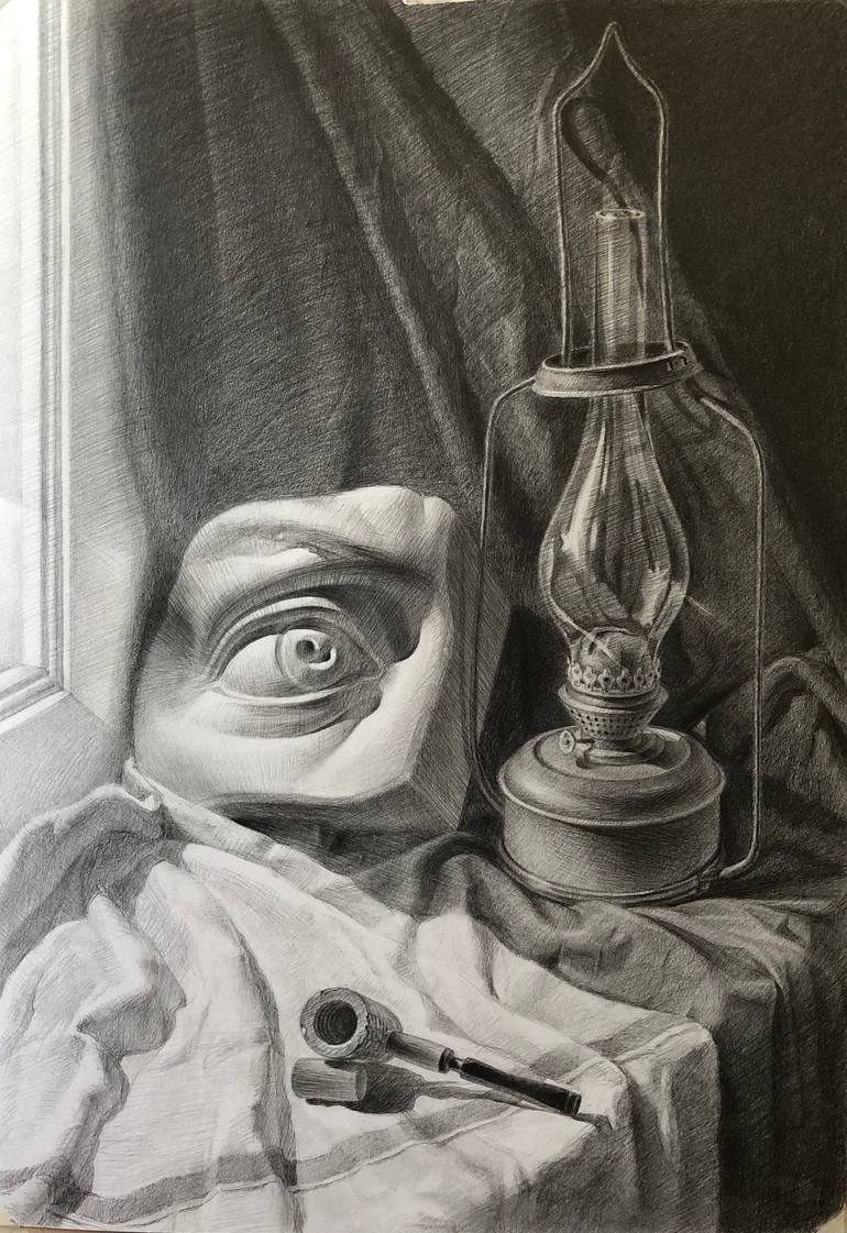 Still life with eye of David old lamp and pipe of corn Drawing by ...
