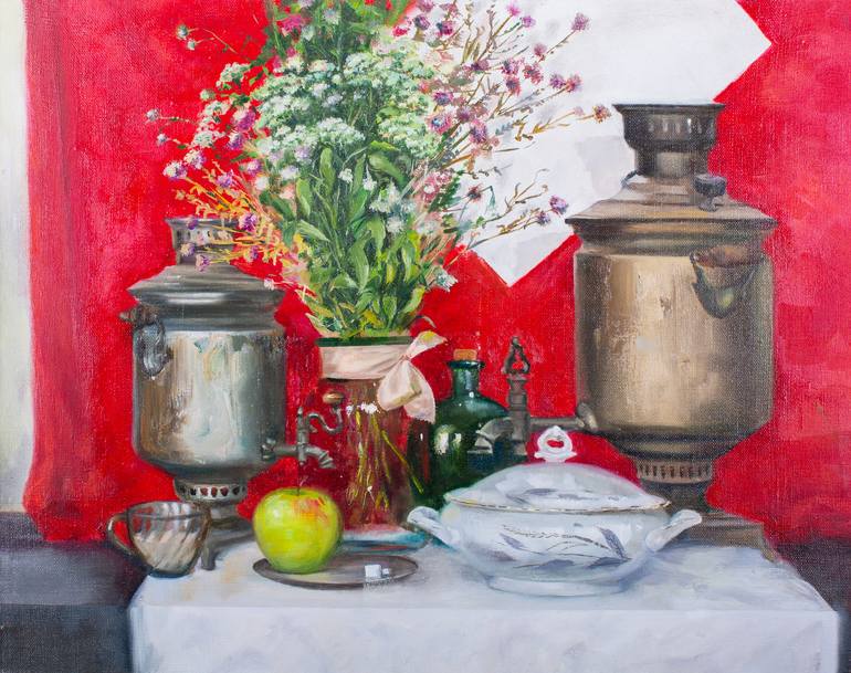 “Dialogue by cup of tea” Still life with two Russian samovars Painting ...