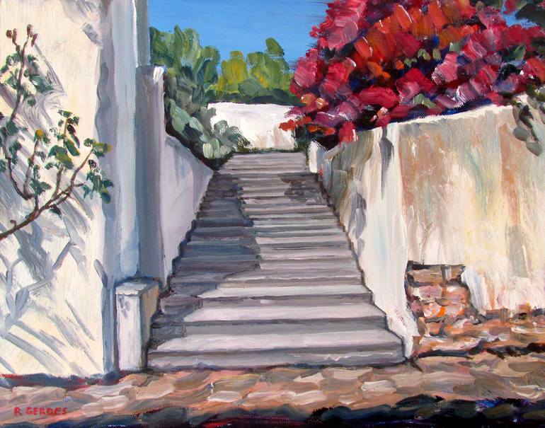 Old Steps Obidos Portugal Painting by Robert Gerdes | Saatchi Art