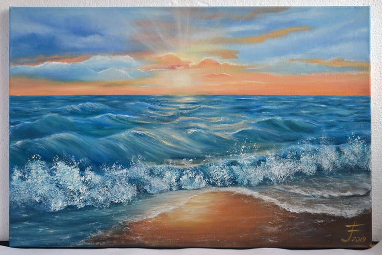 Sunset Seascape Painting. Colourful Ocean Beach Seascape and Cloudy Sky ...