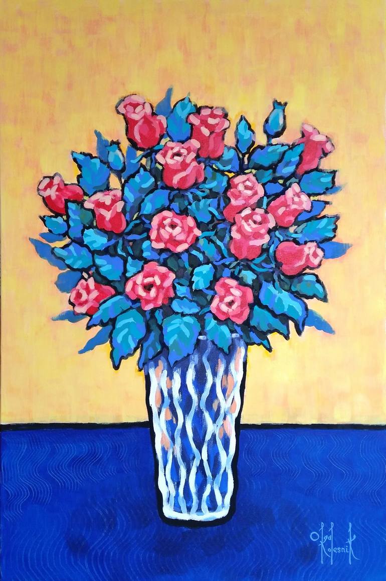 Red Roses in Crystal Vase Painting by Olga Kolesnik | Saatchi Art ...