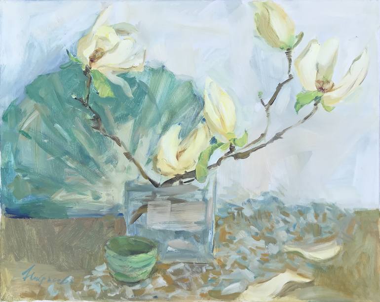 Still life with white magnolia Painting by Maria Nekrasova | Saatchi Art