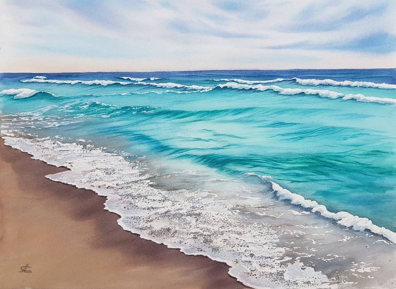 Seascape and splashing waves on the beach at sunset #09 Painting by ...