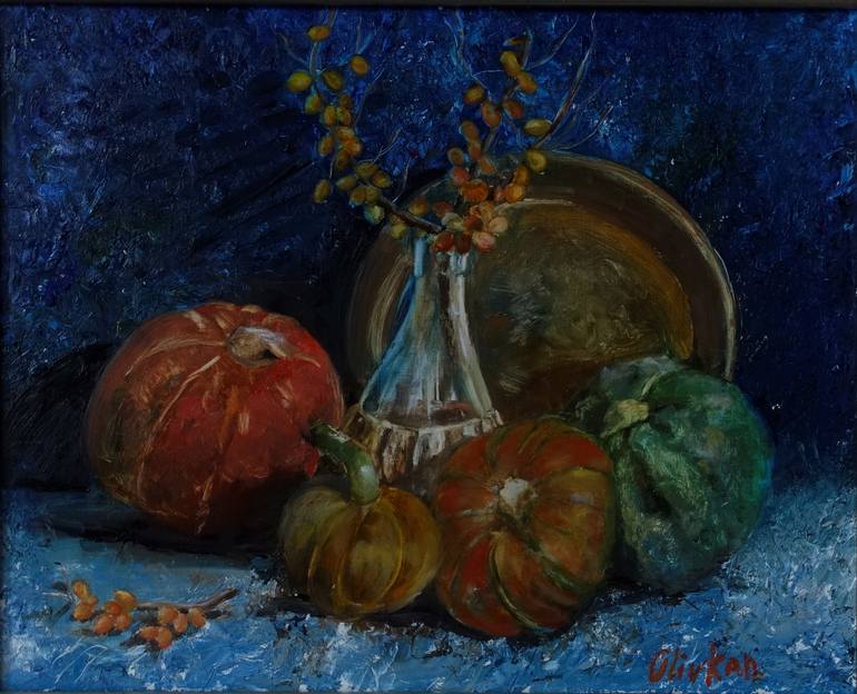 Sea-buckthorn with pumpkin Painting by Olivia Kandra | Saatchi Art